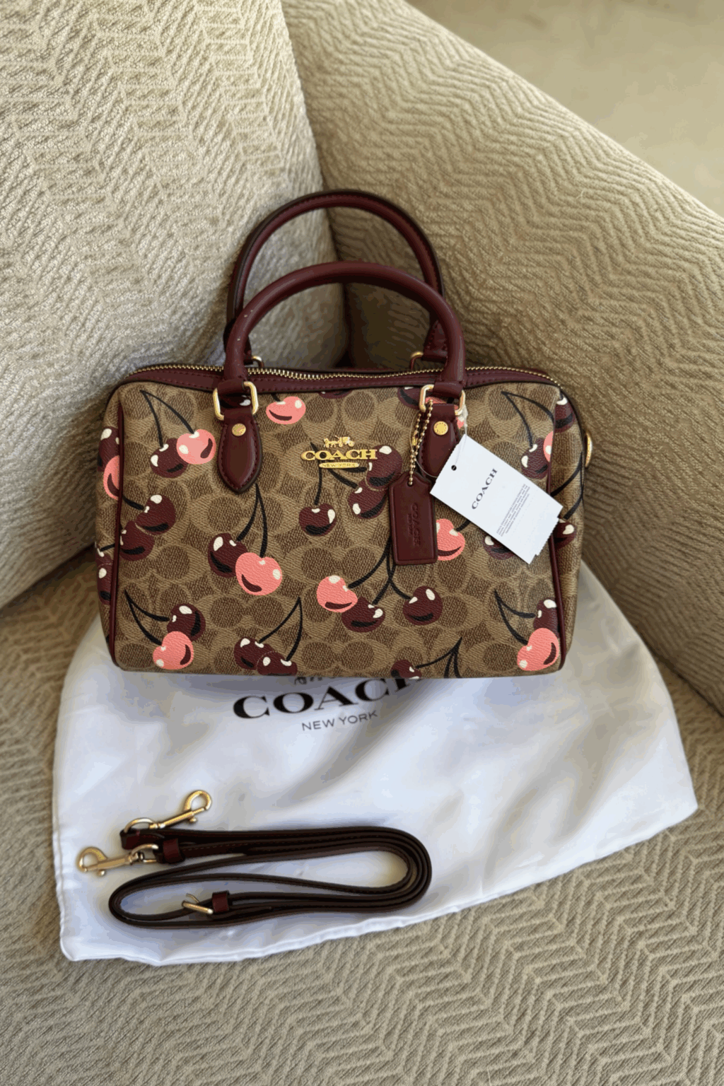 Coach Rowan Satchel Bag in Signature Canvas with Cherry – لكجري كورنر